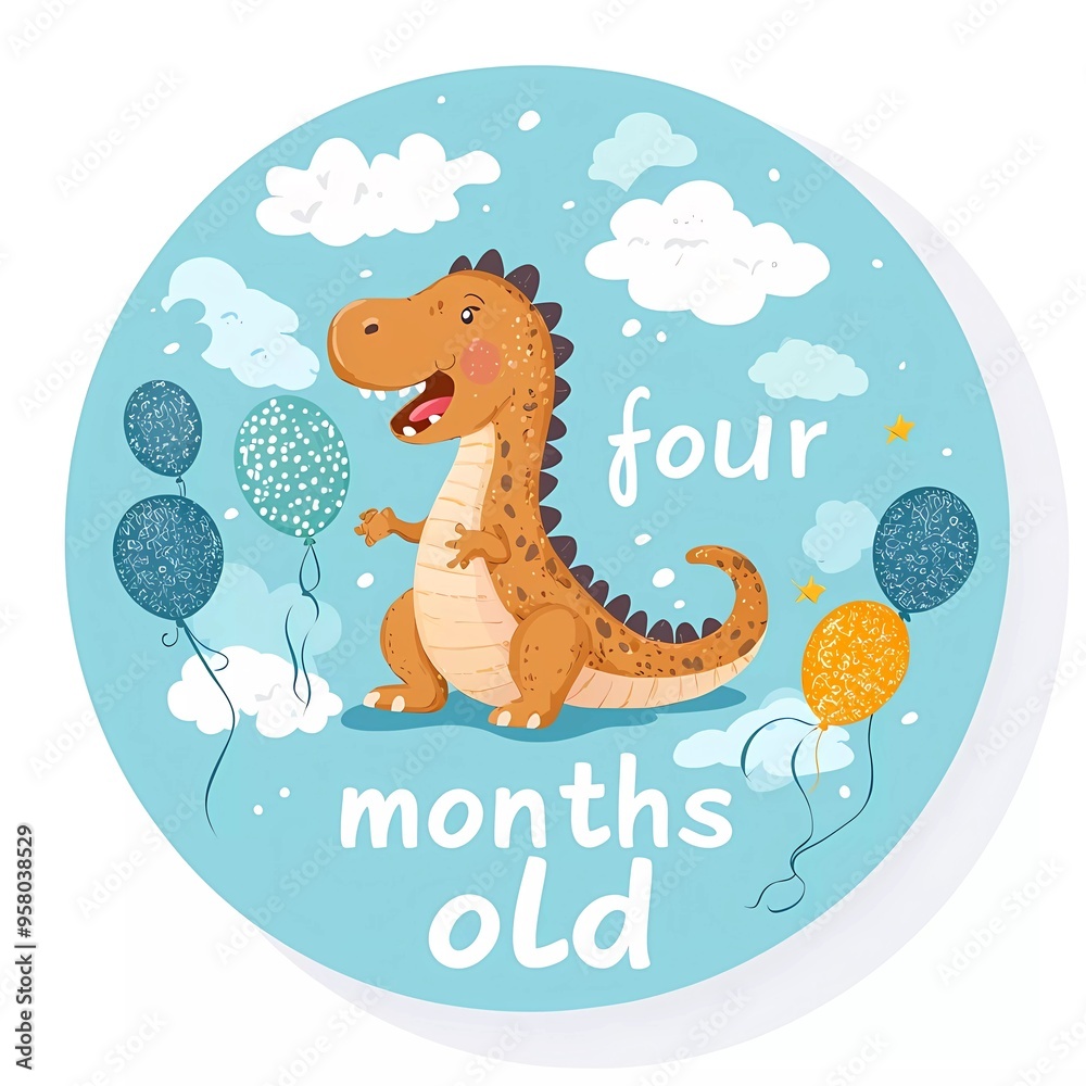 I am "four months old" - Baby milestone card. Cute design with blue ...