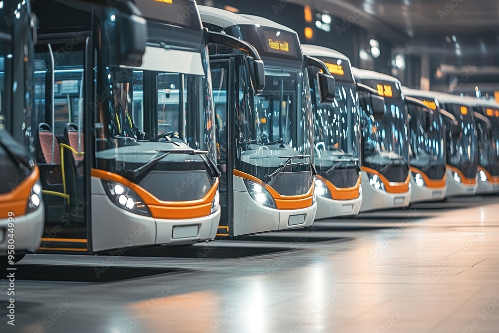 Row of modern buses in depot with focus on first bus Stock Photo ...