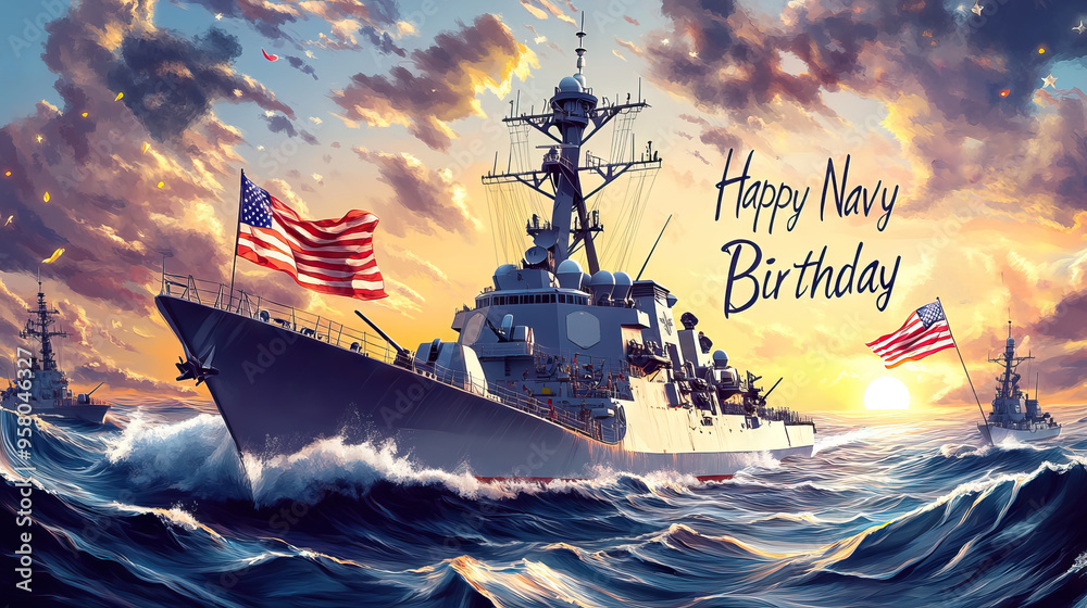 a Navy Birthday banner background featuring a majestic naval ship ...