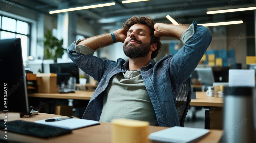 Man in casual clothing relaxing at his desk in a modern office ...