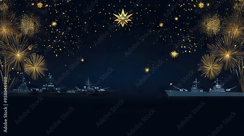 Navy Birthday banner background with a detailed silhouette of a naval ...