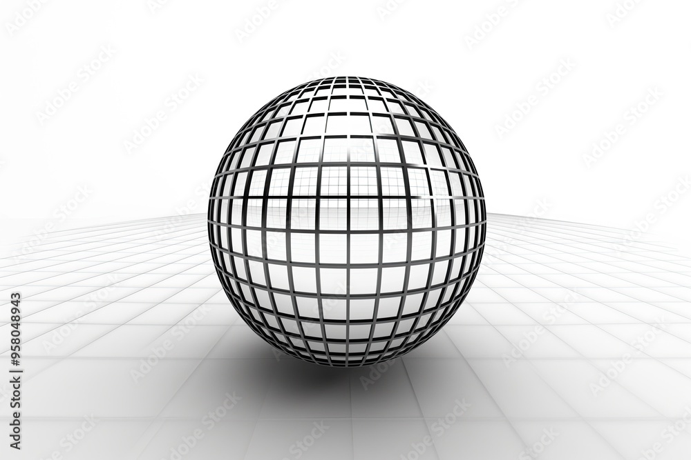 Reflective sphere with a black grid pattern on a tiled floor, creating ...