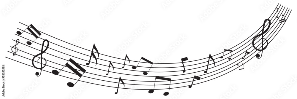 Musical note wave. Music notes melody isolated on white background ...