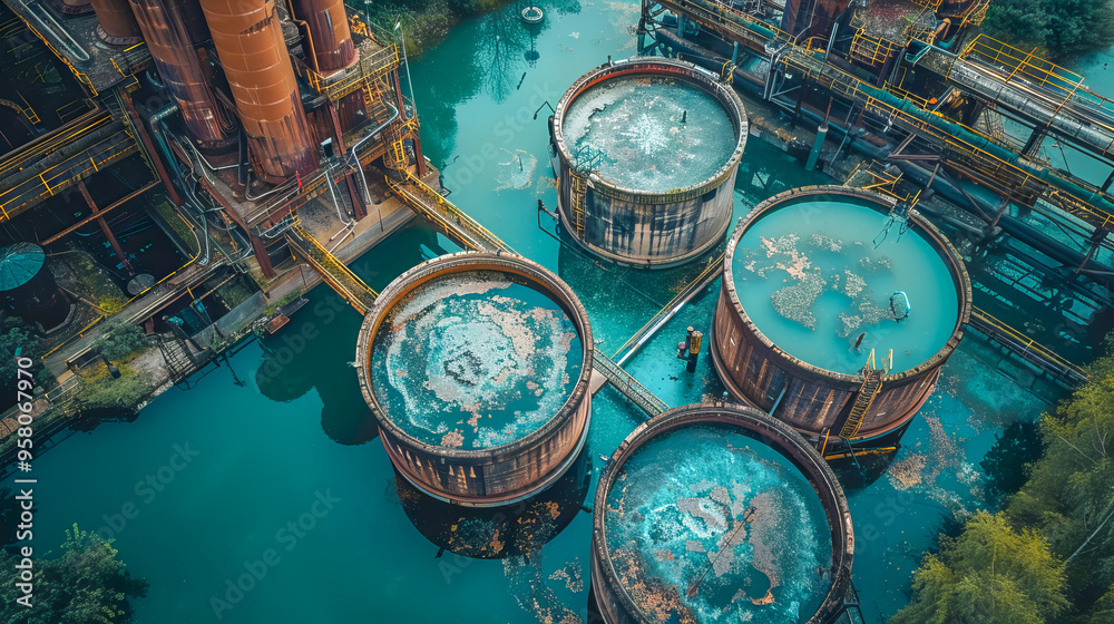Water treatment plant showing sedimentation tanks for decontamination ...