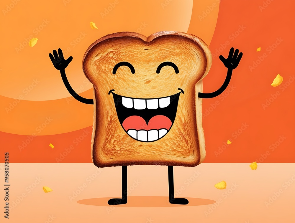 On an orange isolated background, a cheerful animated toast character ...