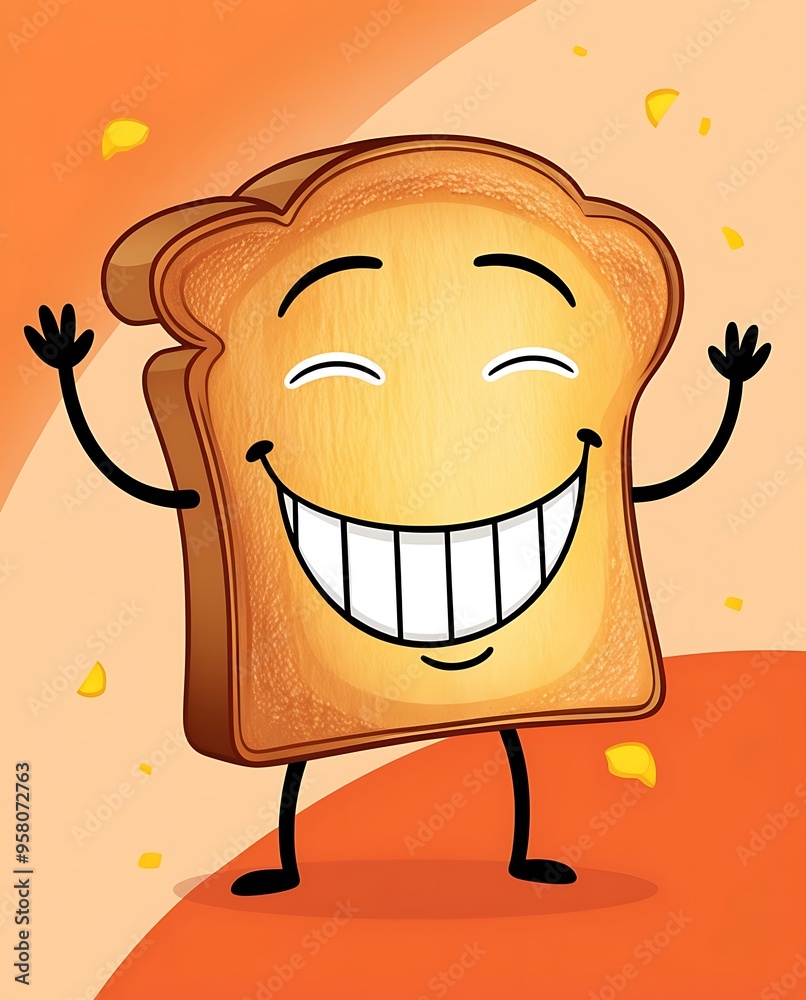 On an orange isolated background, a cheerful animated toast character ...