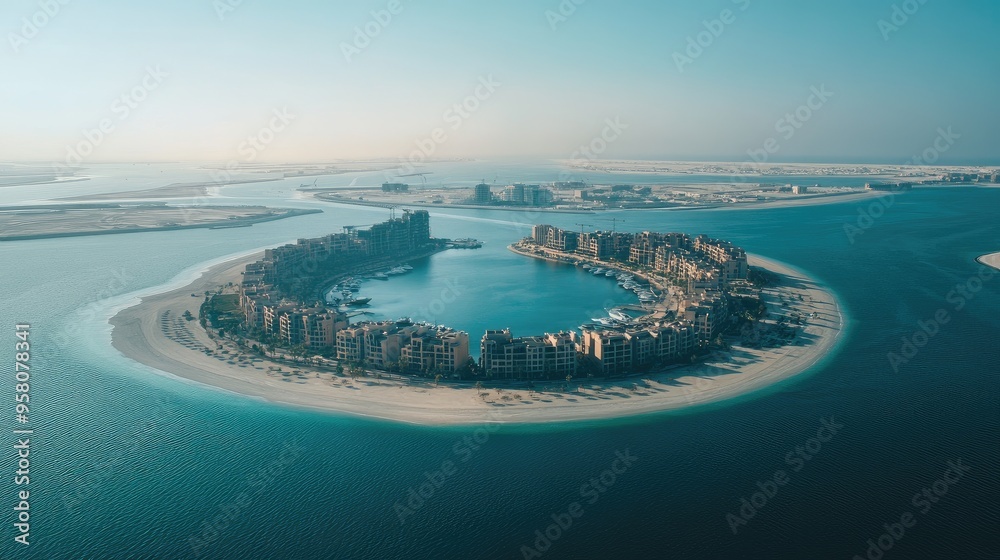 Bird's eye view of Dubai's Deira Islands, with a crescent of sandy ...