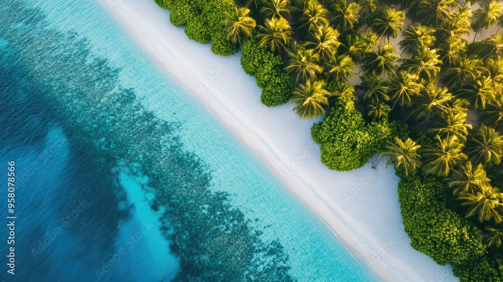 Bird's eye view of Maldives coconut groves lining the beach ...