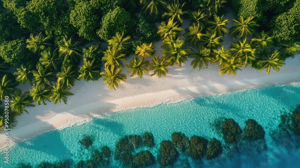Bird's eye view of Maldives coconut groves lining the beach ...