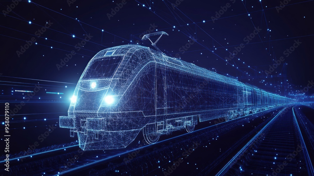 Abstract polygonal 3d wireframe of modern train at railway station or ...