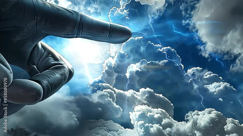 God hand pointing in heaven clouds. Jesus Christ with open arms ...