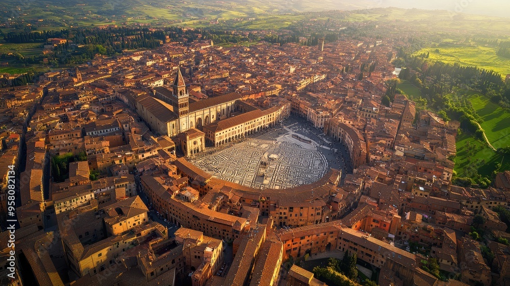Bird's-eye view of the historic city of Siena, with its iconic Piazza ...