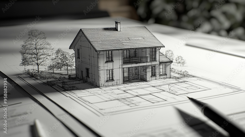 Architectural model of a house on drafting paper with trees and garden ...