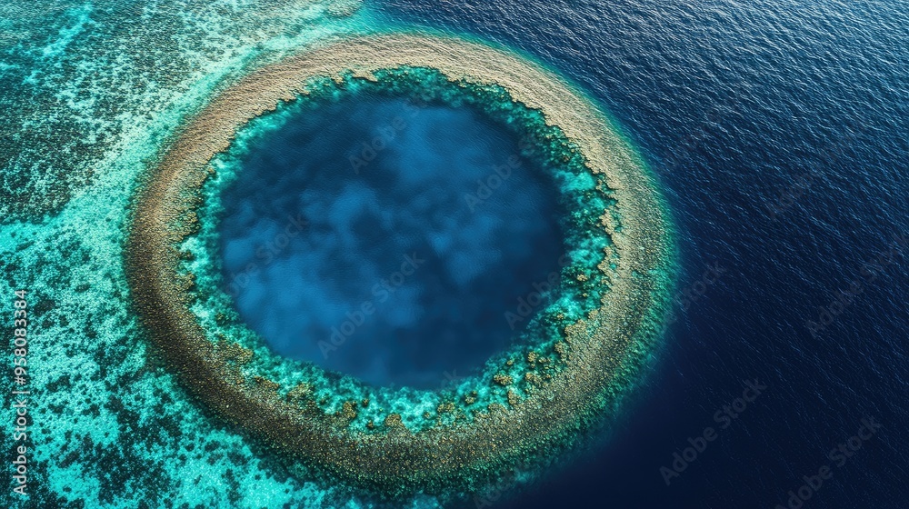 Top view of a circular coral reef in the Maldives, creating a natural ...