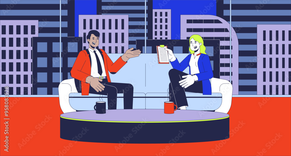 Interview show on TV flat illustration. Interviewer asking questions ...