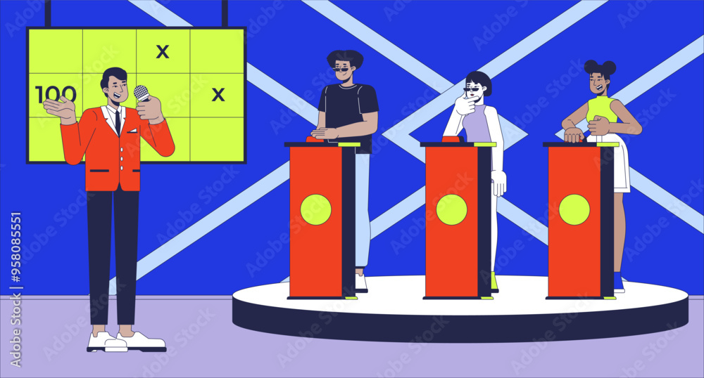 Game show on TV flat illustration. Host microphone, participants behind ...