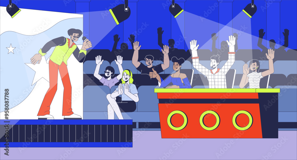 TV talent show flat illustration. Latino participant singing on ...