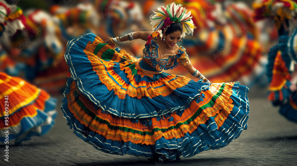 Latina woman in traditional dress at traditional street festival ...