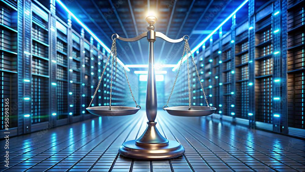 Golden Scales Of Justice In A Futuristic Data Center Balancing Act