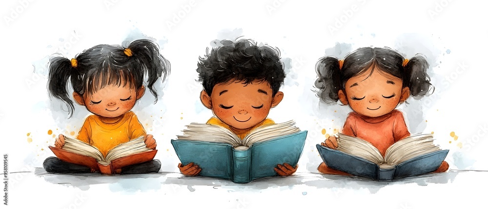 cartoon illustration of kids reading books. international literacy day ...