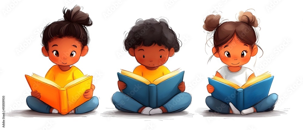 cartoon illustration of kids reading books. international literacy day ...