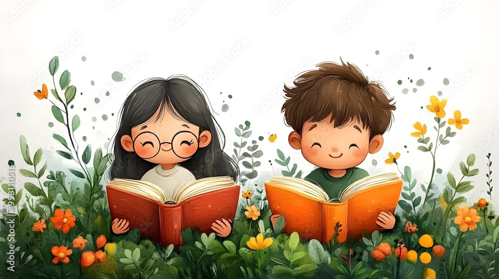 cartoon illustration of kids reading books. international literacy day ...