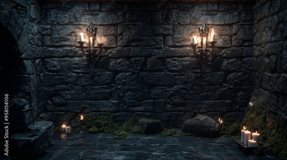There is a captivating atmosphere created by the dark stone wall that ...