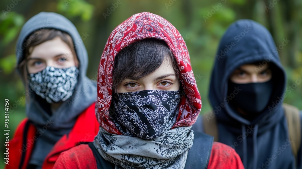 During daylight, a group of young people stands closely together ...