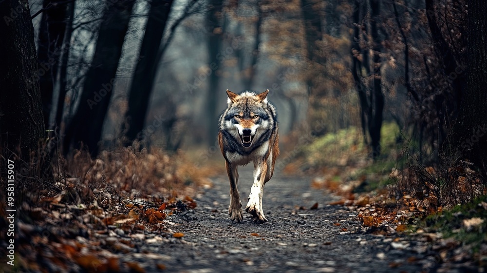 Angry lone wolf walking through a forest path, baring teeth in a fierce ...