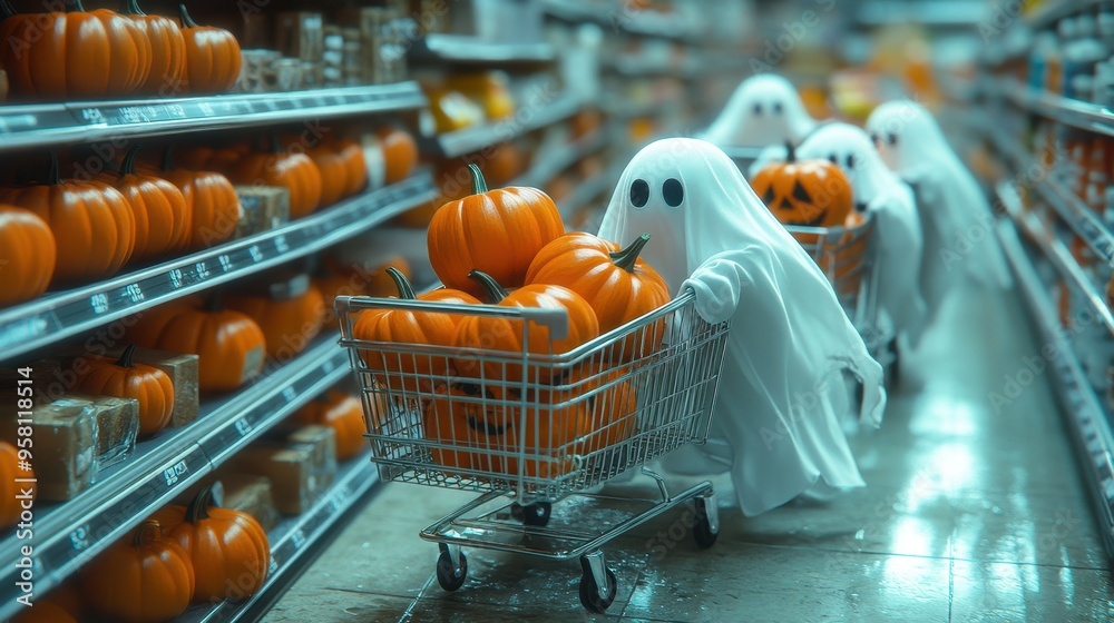 Funny White ghost pushing a supermarket cart with pumpkins in halloween ...