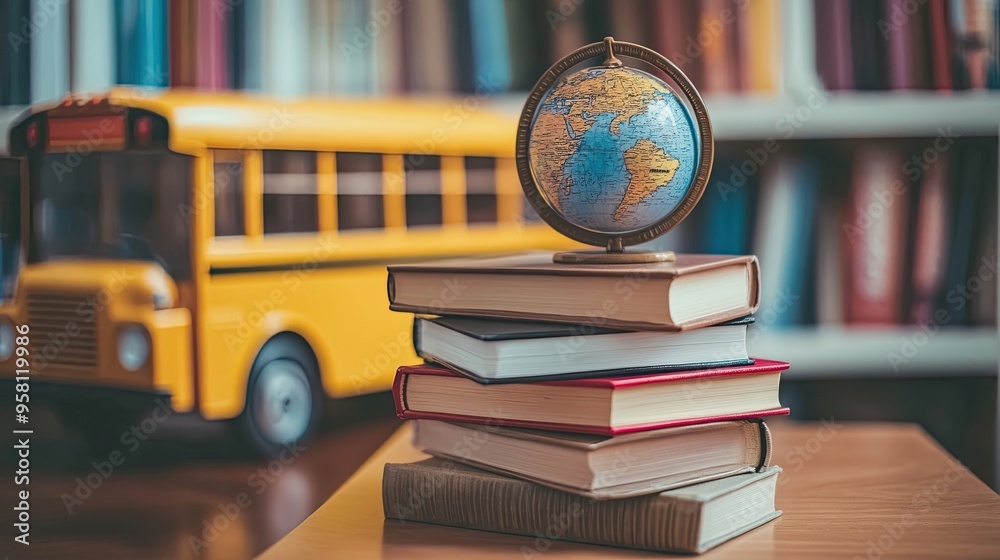 Back-to-school concept with stacked books, a globe, and a yellow school ...