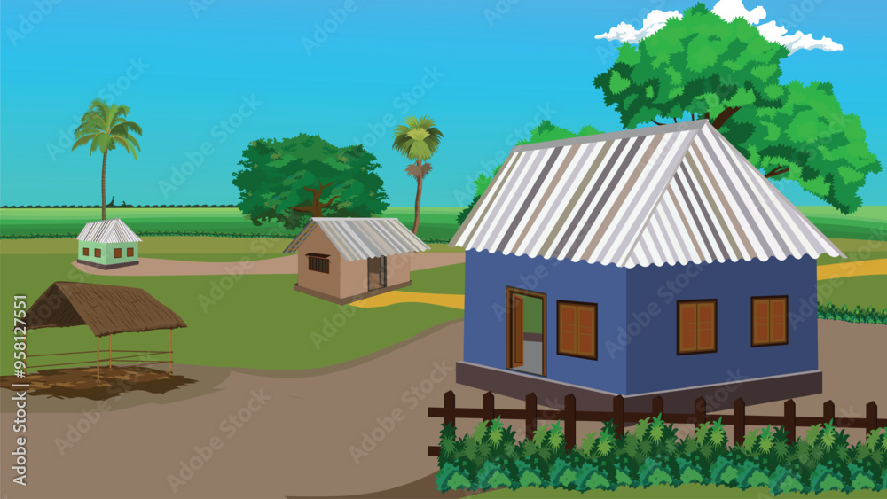 Cartoon Village Vector art illustration. rural village huts and houses ...