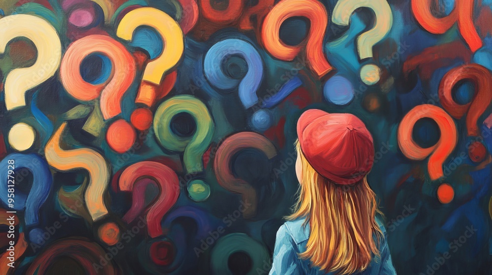 This vibrant artistic setting features a curious child standing in ...