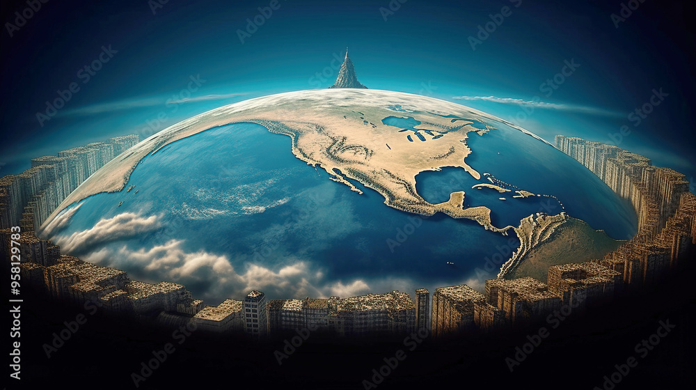 Flat earth atlas map, black background. The concept of globalization ...