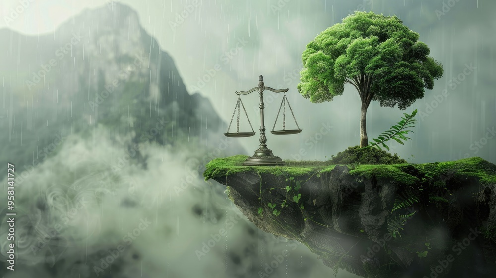 A scale of justice on an island with lush greenery, beside it is a tree ...