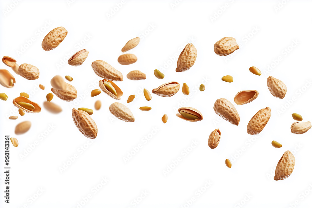 Falling peanuts isolated on a white background with a close-up view ...
