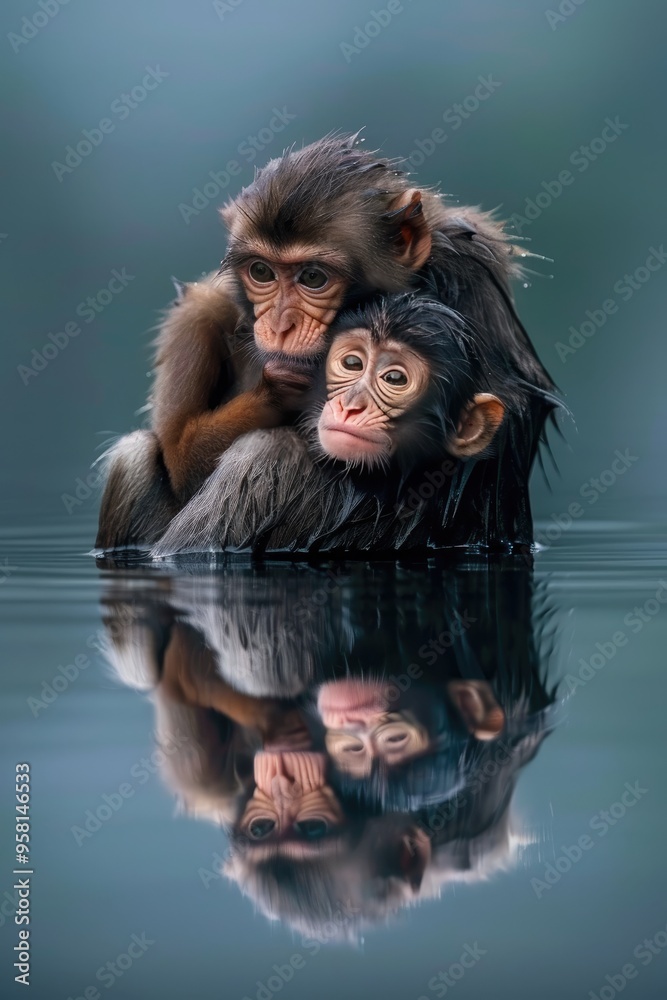 Vertical wallpaper of a mama monkey with her baby monkey cuddled ...