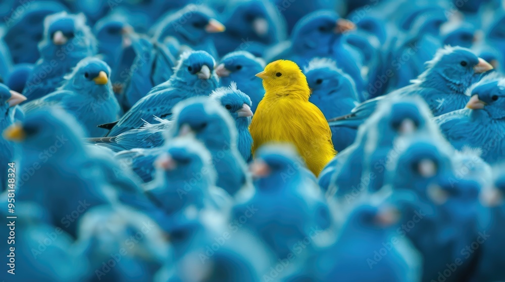 a yellow bird standing out in the middle of blue birds, crowd of many ...