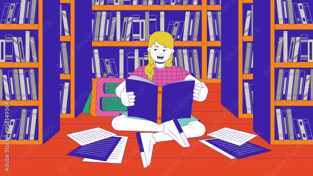 Preteen girl doing homework on library floor cartoon animation ...
