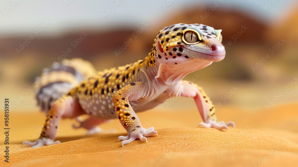 Photorealistic image of a leopard gecko in a desert terrarium ...