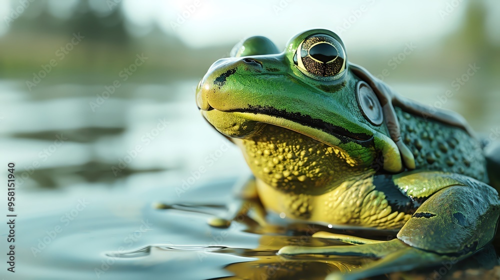 Bullfrog croaking near the edge of a pond, showcasing realistic skin ...