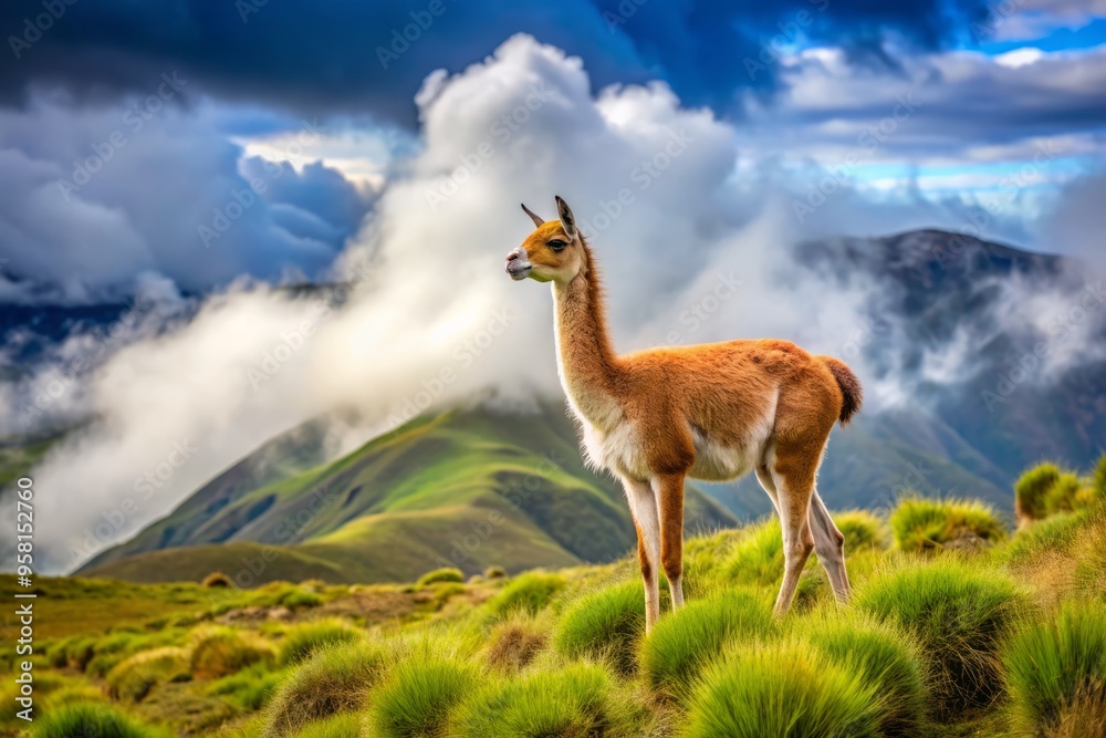 A photo image of a majestic Andean camelid, also known as a vicuña ...