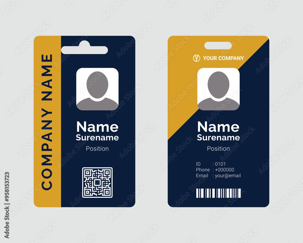 blue and yellow employee id card design template with editable text ...