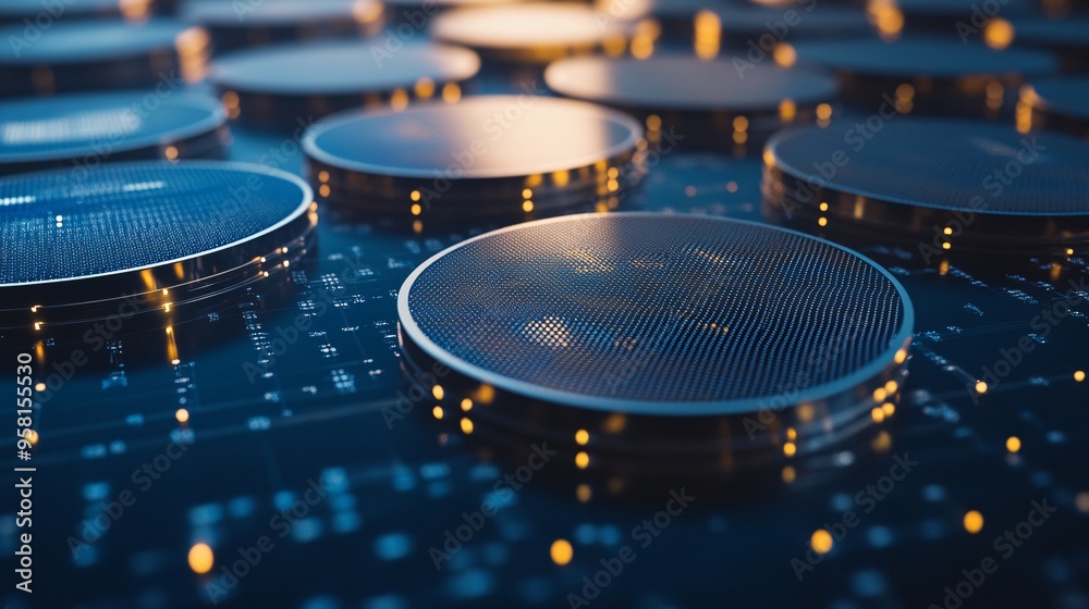 Network of silicon wafers exchanging data on a futuristic motherboard ...