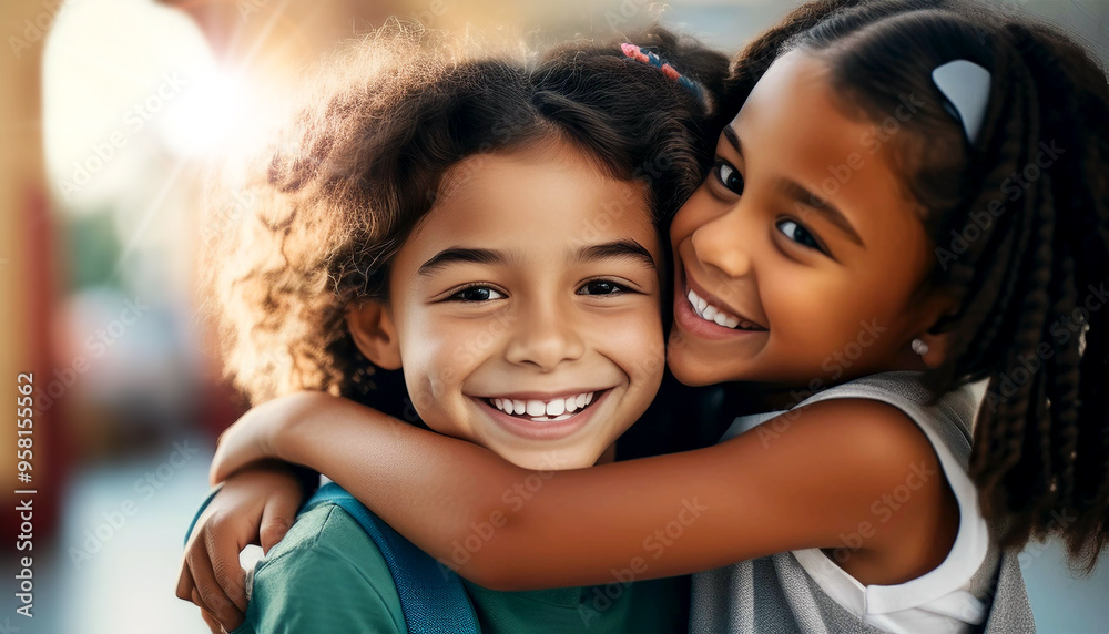 Portrait of an African American girl and a caucasian girl (two happy ...