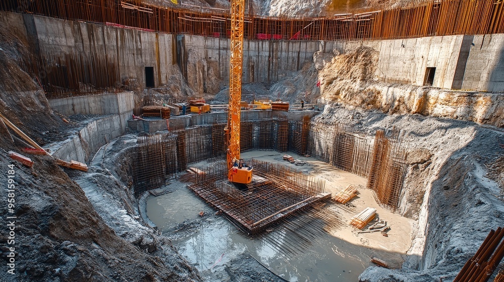 A detailed photograph of a construction site during the foundation ...