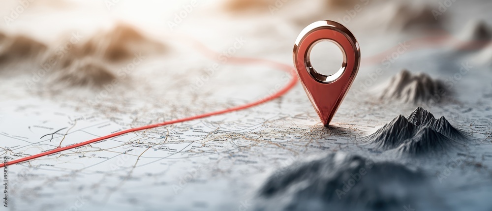 3D map marker on a physical map, pointing to a major travel route, with ...