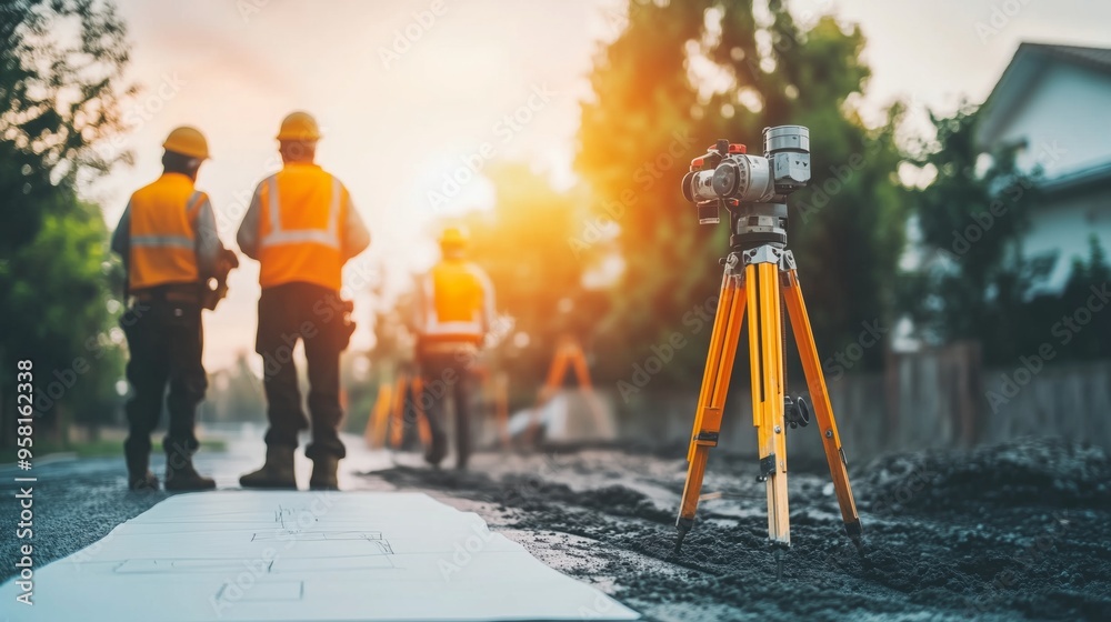 Survey engineer team working with theodolite and road construction ...