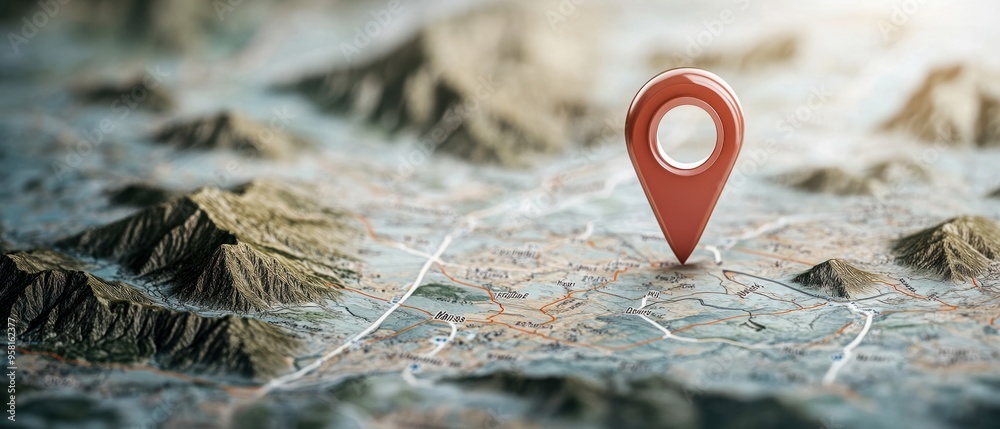 3D map marker on a physical map, pointing to a major travel route, with ...