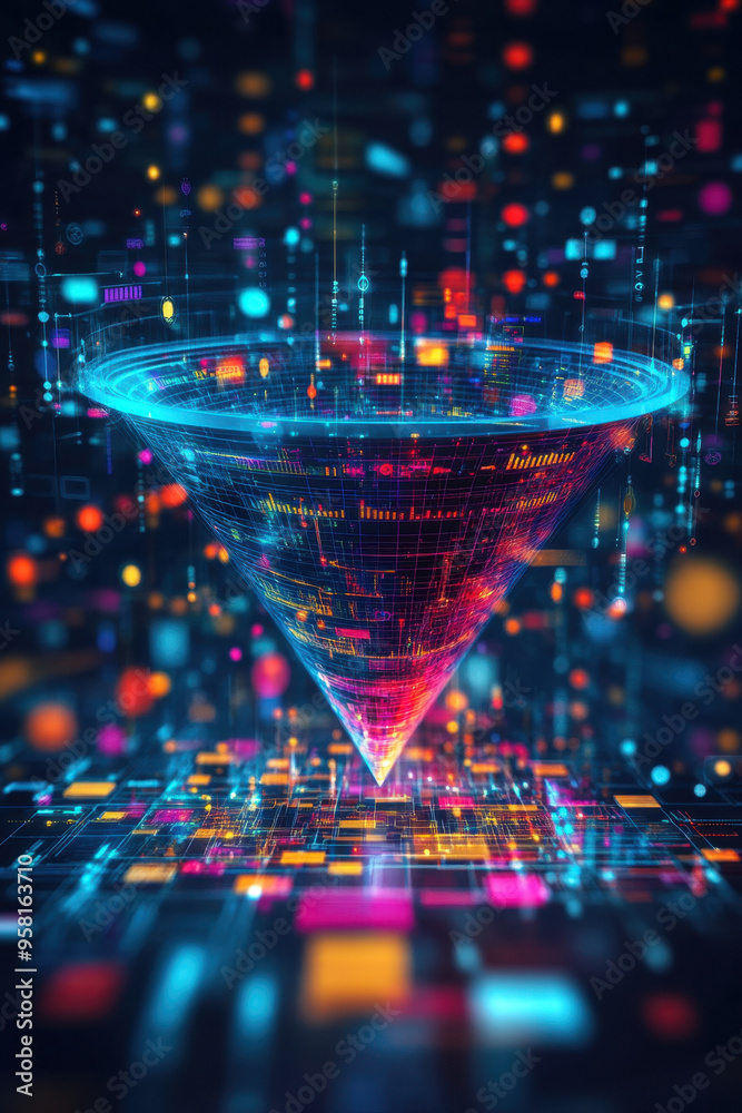 Digital Marketing Funnel, Colorful digital marketing funnel illustrating data analysis and ...